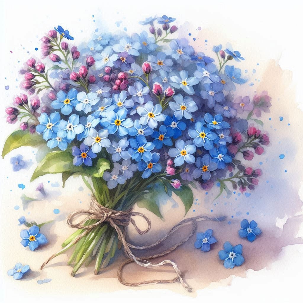 A Bouquet of Forget-me-nots, Digital Print, Wall Art, Watercolor ...