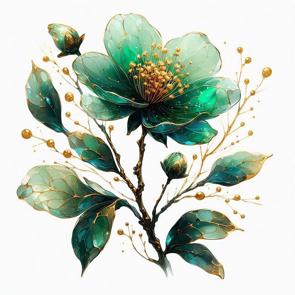 Flower in Emerald Color, Digital Print, Wall Art, Watercolor Clip Art ...
