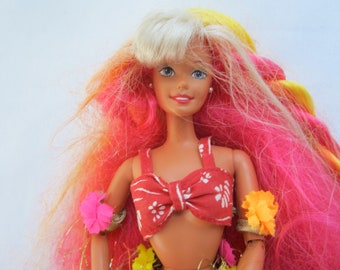 Vintage Barbie 1993 Rainbow Hula Hair by Mattel Made in Indonesia with Grass Skirt Matching Top Gold Skirt Orange Gold Bottom