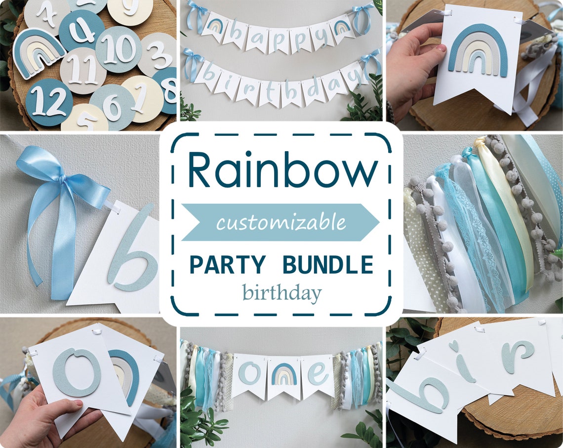 Boho Rainbow First Birthday Boy Party Bundle Muted Baby Blue | Etsy