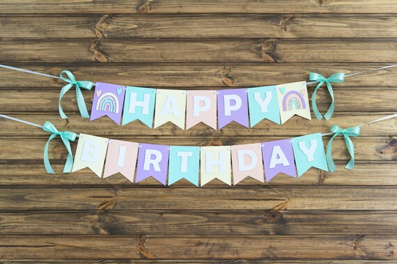 Rainbow Happy Birthday Banner Pastel Colors Girl Party | Etsy