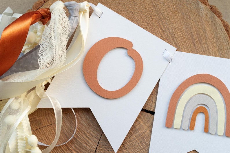 Baby First Boho Birthday Banner Modern Muted Neutral Rainbow One Year ...