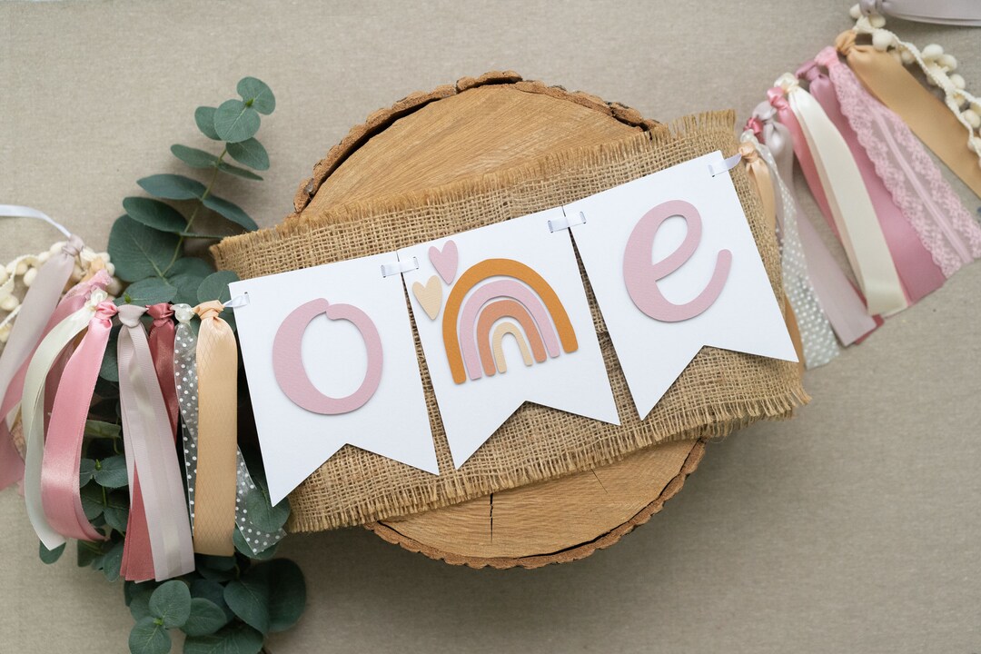 Muted Rainbow High Chair Banner for First Birthday ONE Year Old Girl ...
