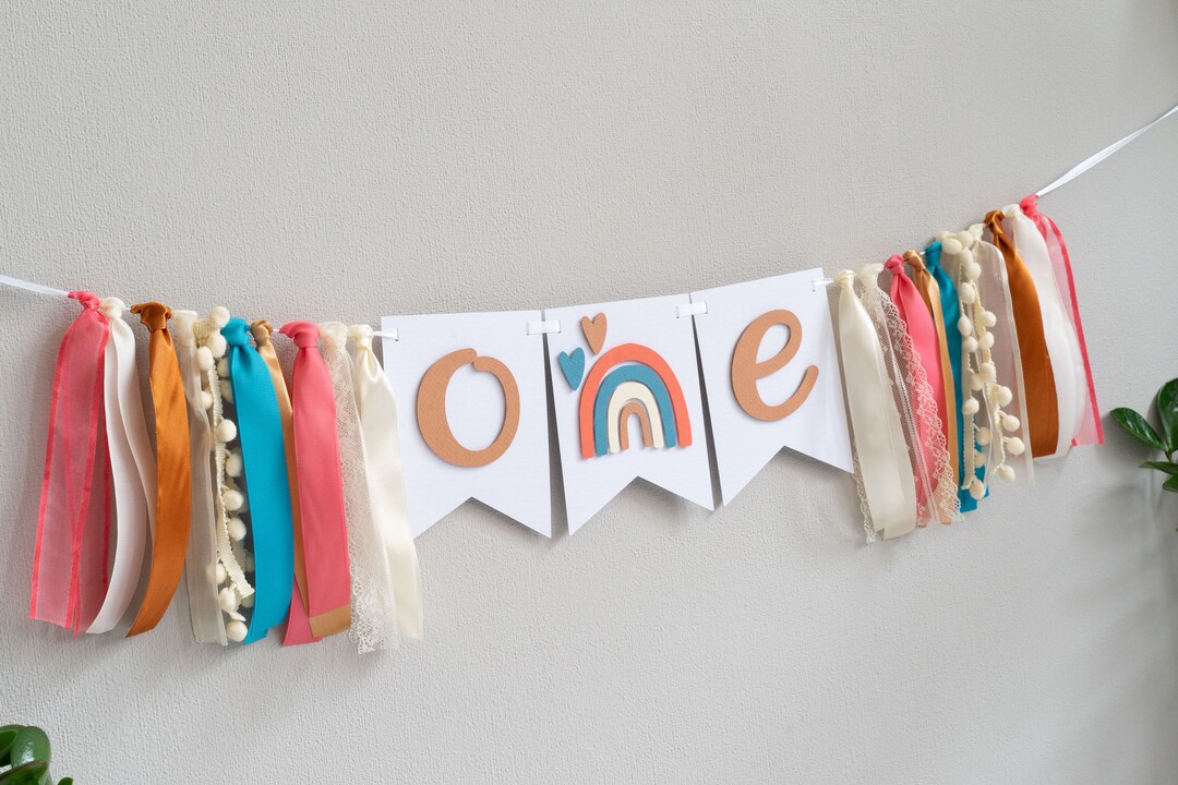 Boho One Year Banner Baby First Birthday Rainbow High Chair Gender ...