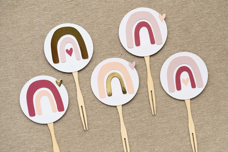 Rainbow Cupcake Topper Boho Party Decor in Gold Blush Pink | Etsy