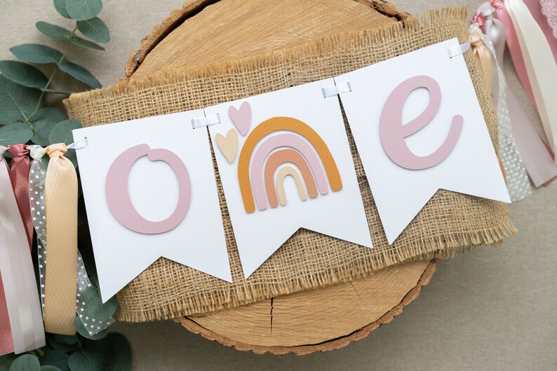 Muted Rainbow High Chair Banner for First Birthday ONE Year Old Girl ...