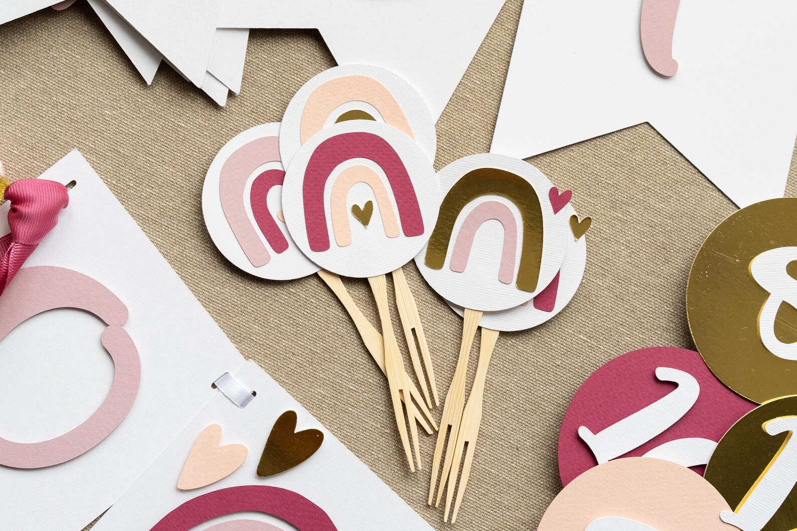 Rainbow Cupcake Topper Boho Party Decor in Gold Blush Pink - Etsy