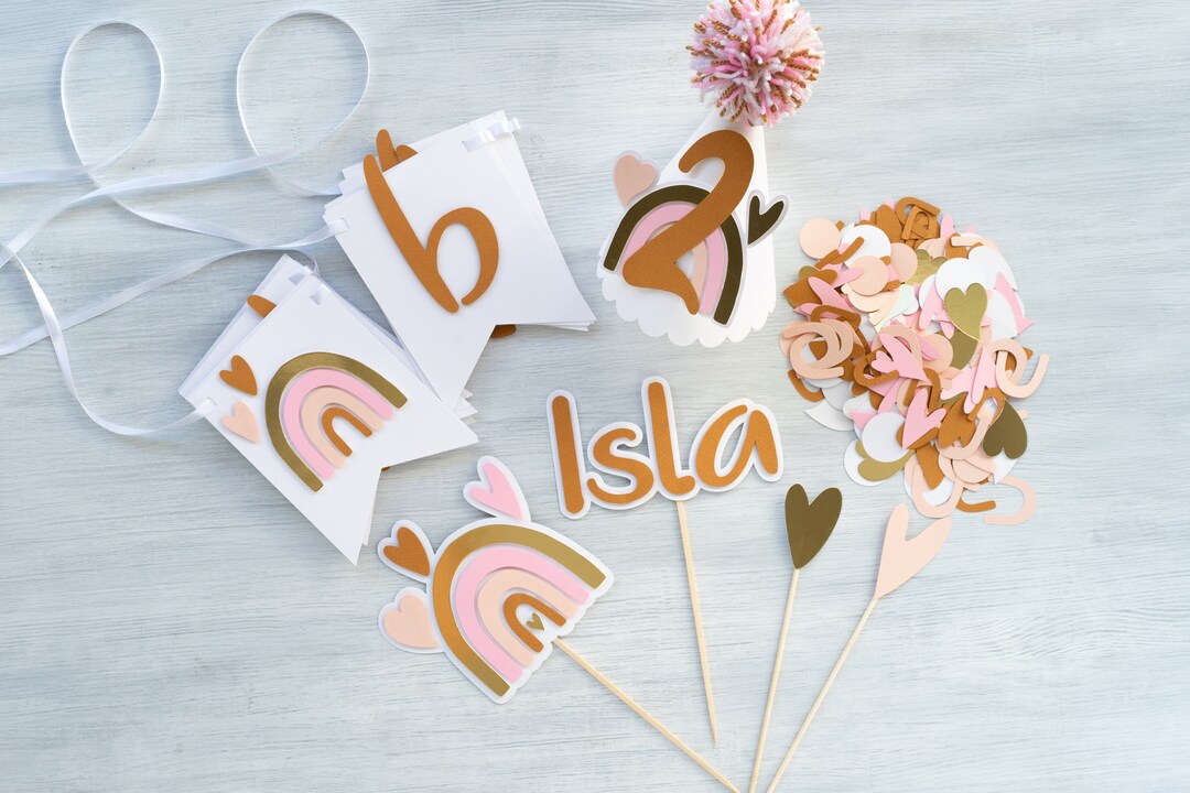 Boho Rainbow First Birthday Girl Party Bundle Pink & Gold Muted Decor ...