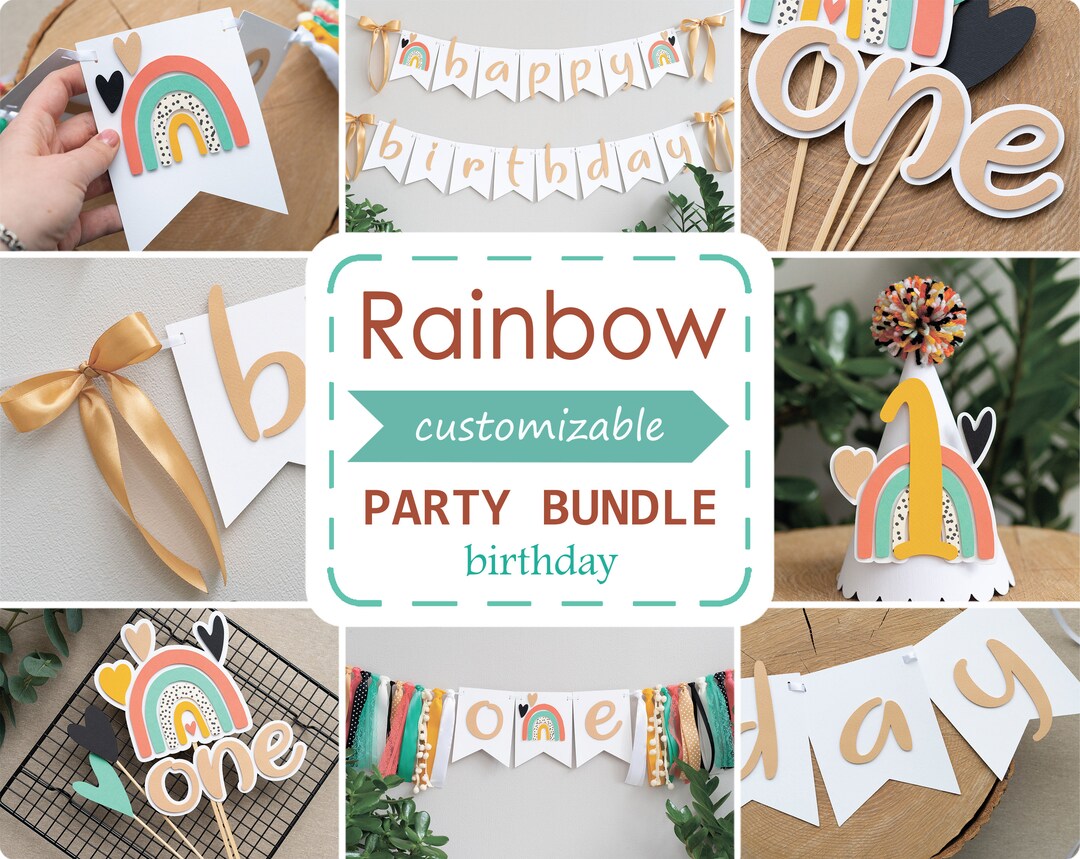 Boho Rainbow First Birthday Party Bundle Mustard Mint Black Dots Coral ...