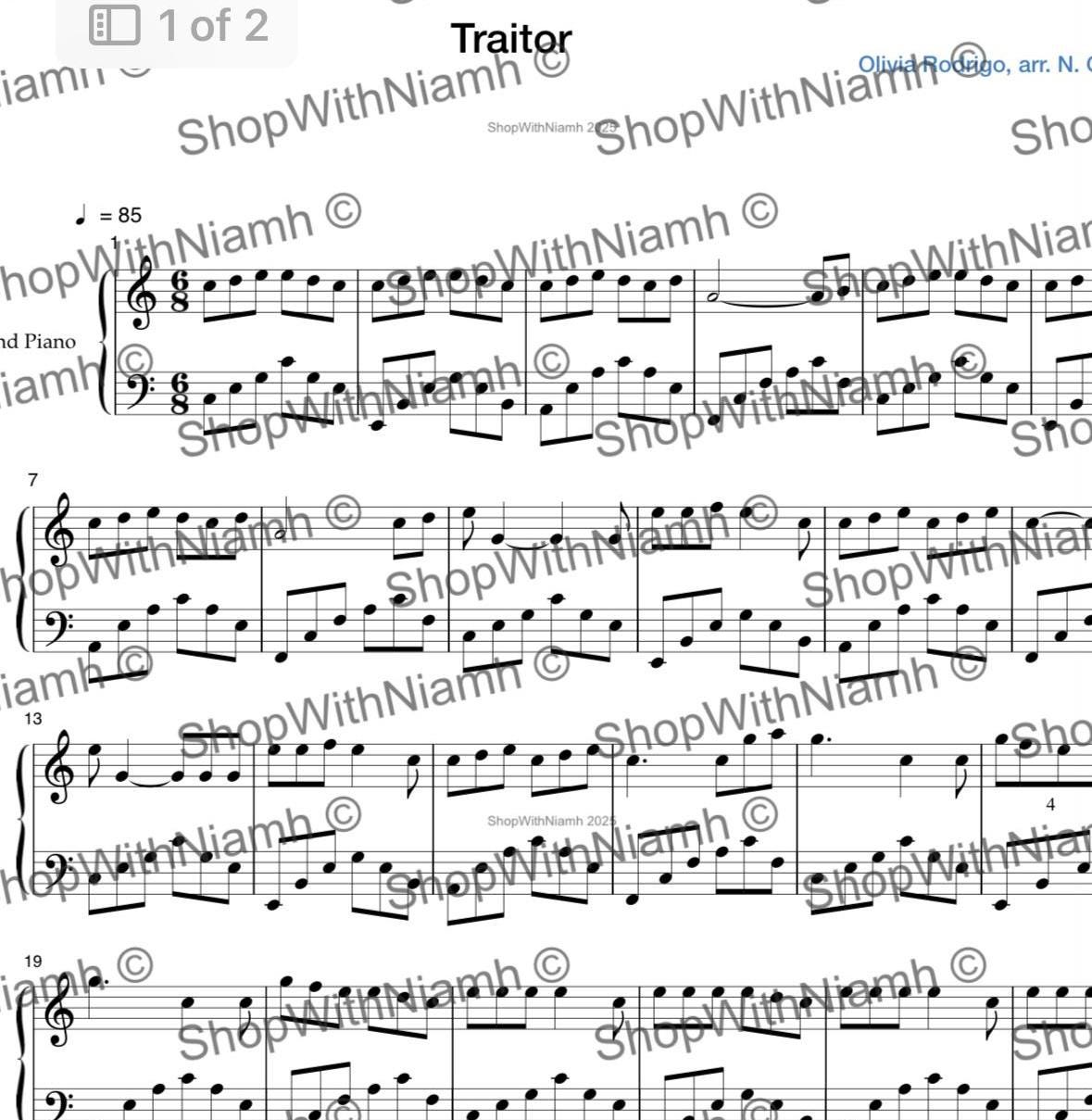 Olivia Rodrigo “traitor” Piano Sheet Music PDF (easy) - Etsy