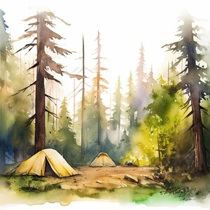 Watercolor Camping in the Forest Clipart, 10 High Quality Jpg ...