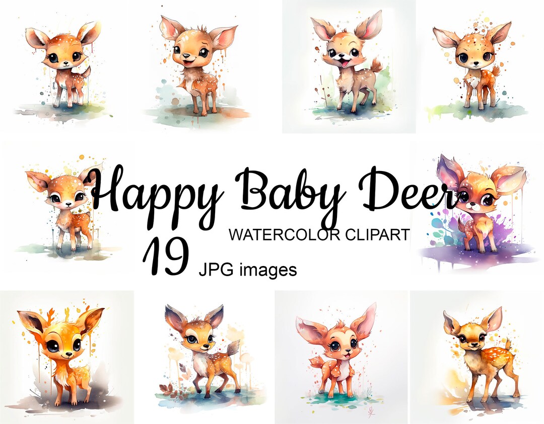 Happy Baby Deer Clipart, Watercolor Deer Clip Art, Cute Cartoon Animal ...