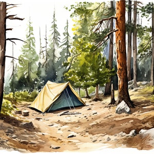 Watercolor Camping in the Forest Clipart, 10 High Quality Jpg ...