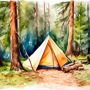 Watercolor Camping in the Forest Clipart, 10 High Quality Jpg ...