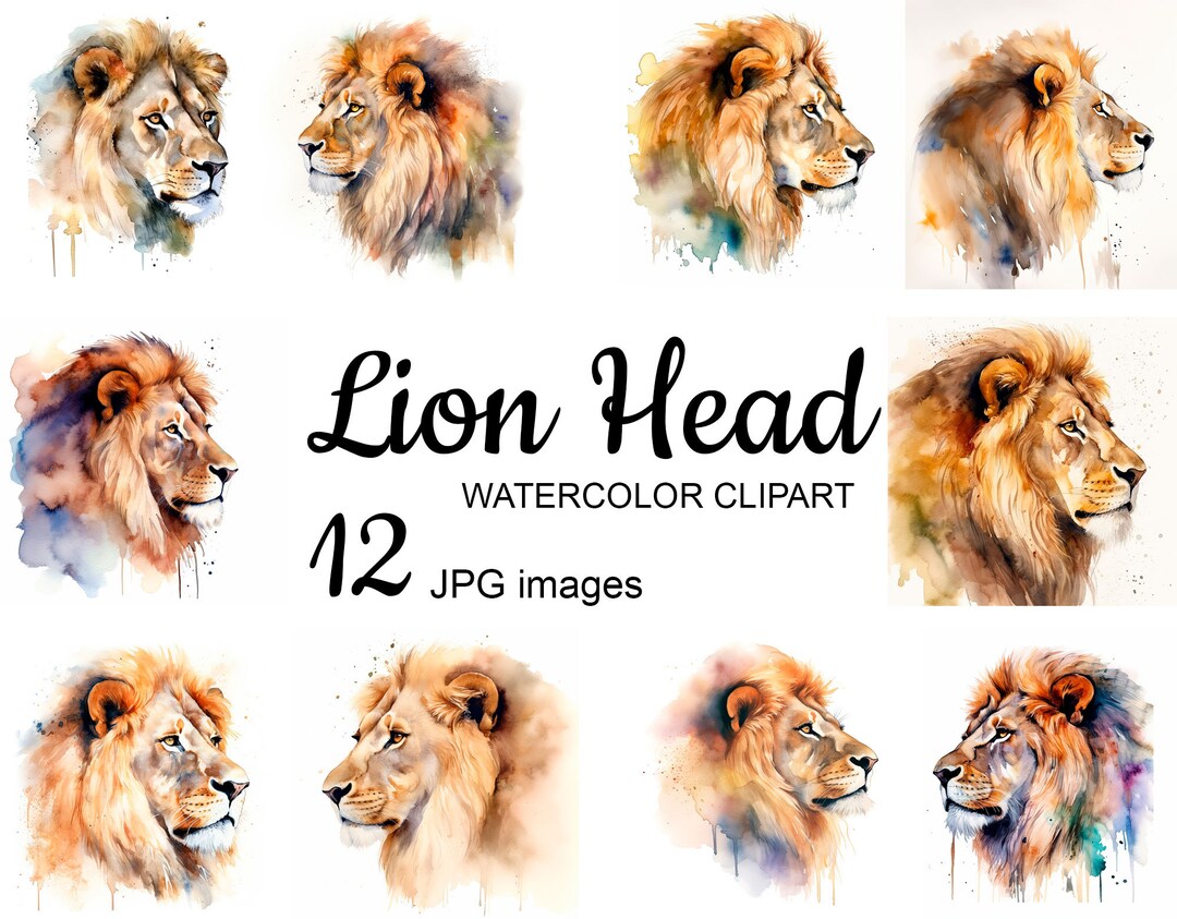 Watercolor Lion Head Clipart, 12 High Quality Jpg, Wild Animals ...