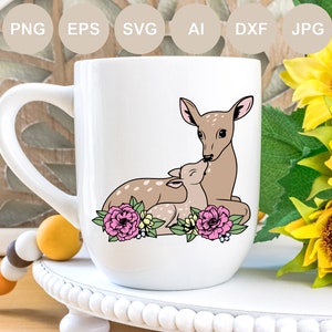 Mom and Baby Deer Svg, Deer Cut File, Floral Baby Deer Png, Deer Family ...