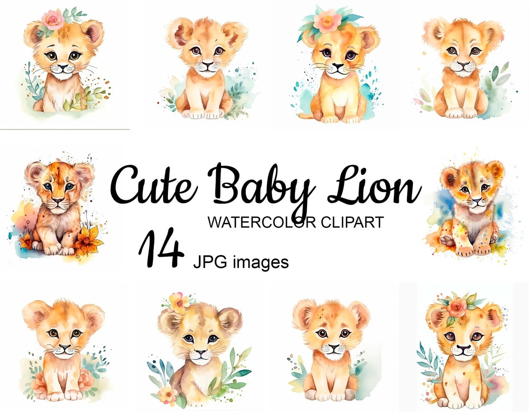 Watercolor Baby Lion Clipart, 14 High Quality Jpg, Wild Animal, Digital ...