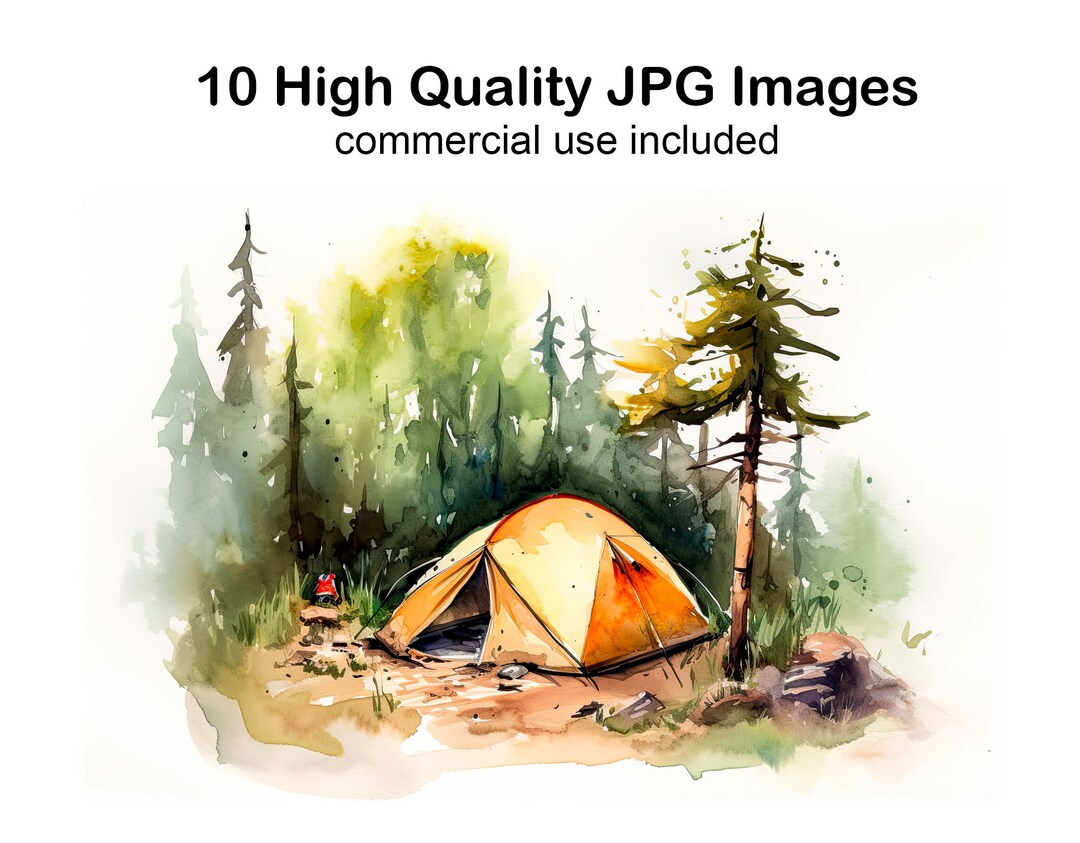 Watercolor Camping in the Forest Clipart, 10 High Quality Jpg ...