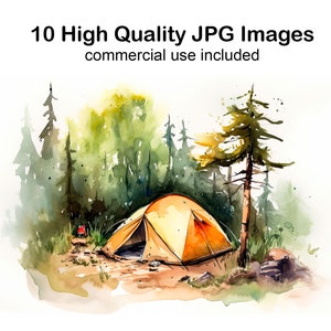 Watercolor Camping in the Forest Clipart, 10 High Quality Jpg ...