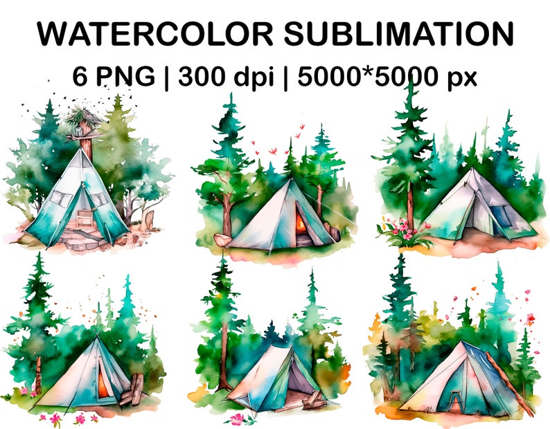 Watercolor Tents Clipart Camping Png Sublimation Digital - Etsy