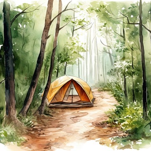 Watercolor Camping in the Forest Clipart, 10 High Quality Jpg ...
