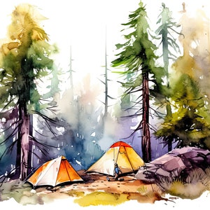 Watercolor Camping in the Forest Clipart, 10 High Quality Jpg ...