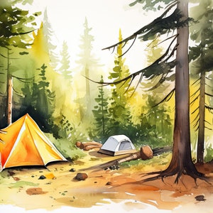 Watercolor Camping in the Forest Clipart, 10 High Quality Jpg ...