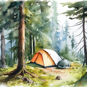 Watercolor Camping in the Forest Clipart, 10 High Quality Jpg ...