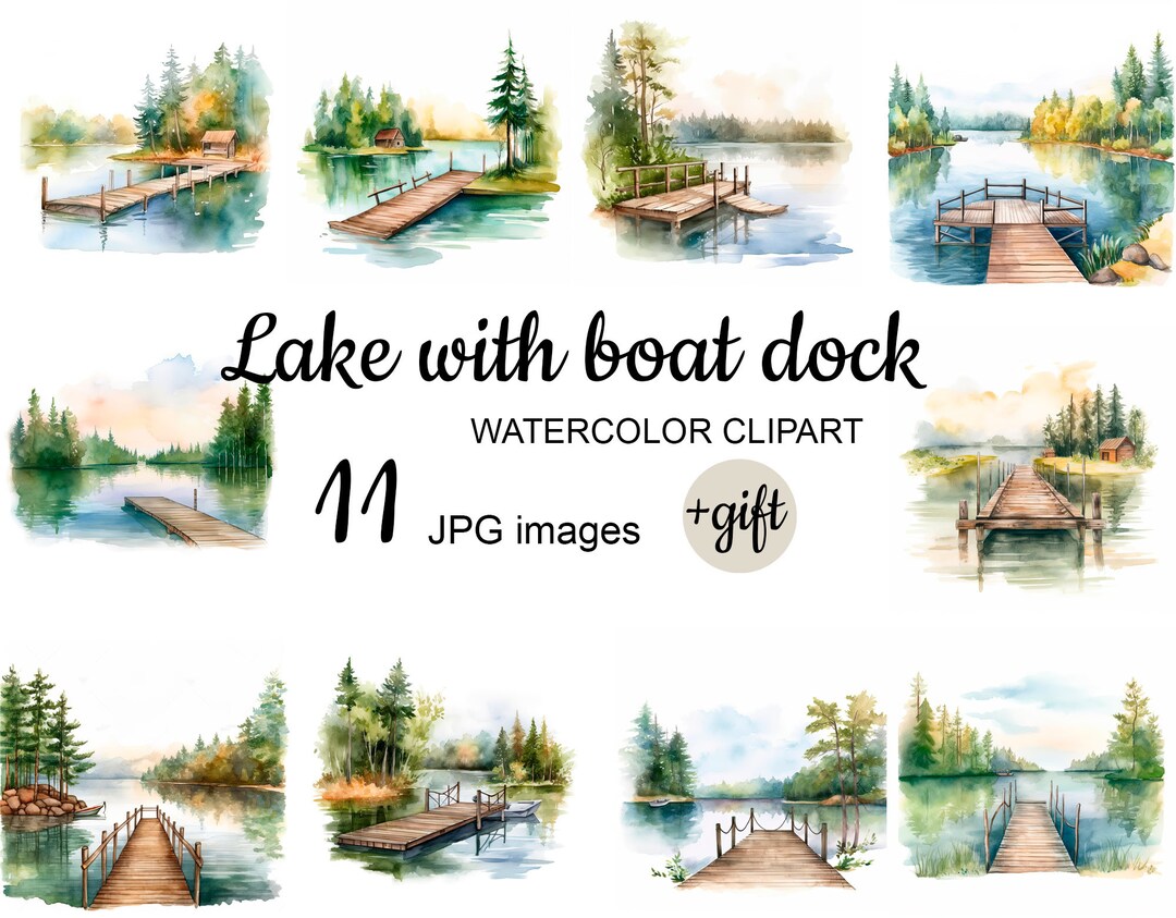 Lake With Boat Dock Clipart, Watercolor Jpg, Printable Art, Digital ...