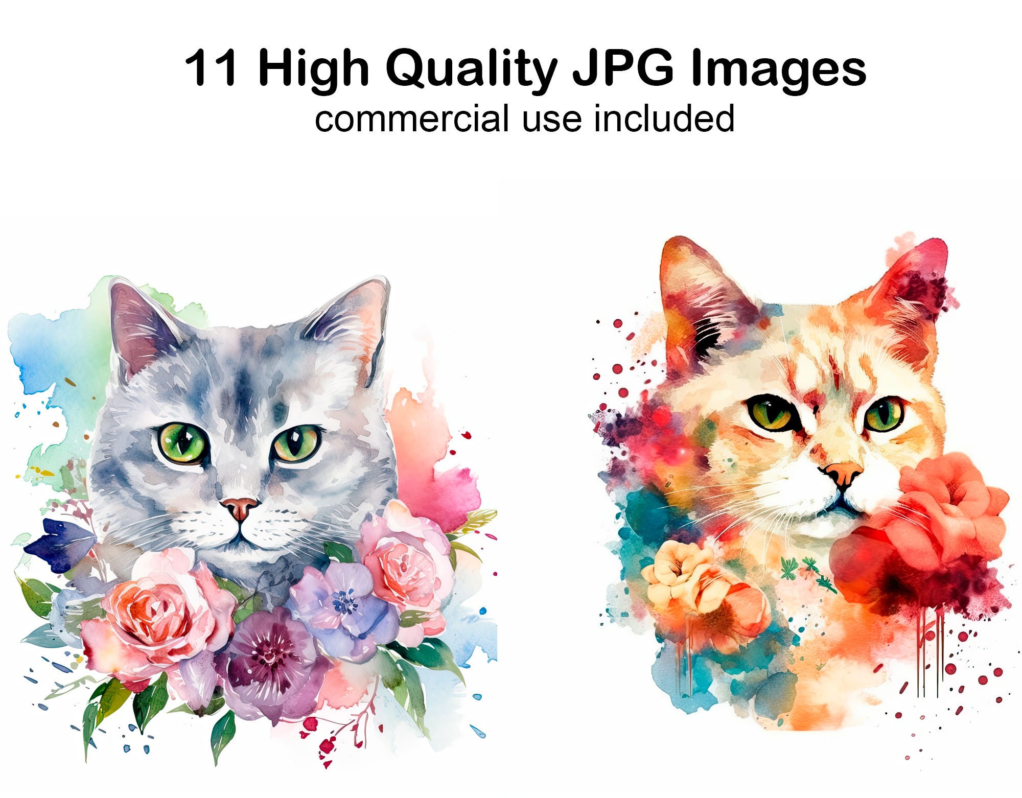 Watercolor Cats With Flowers Clipart 11 High Quality Jpg - Etsy
