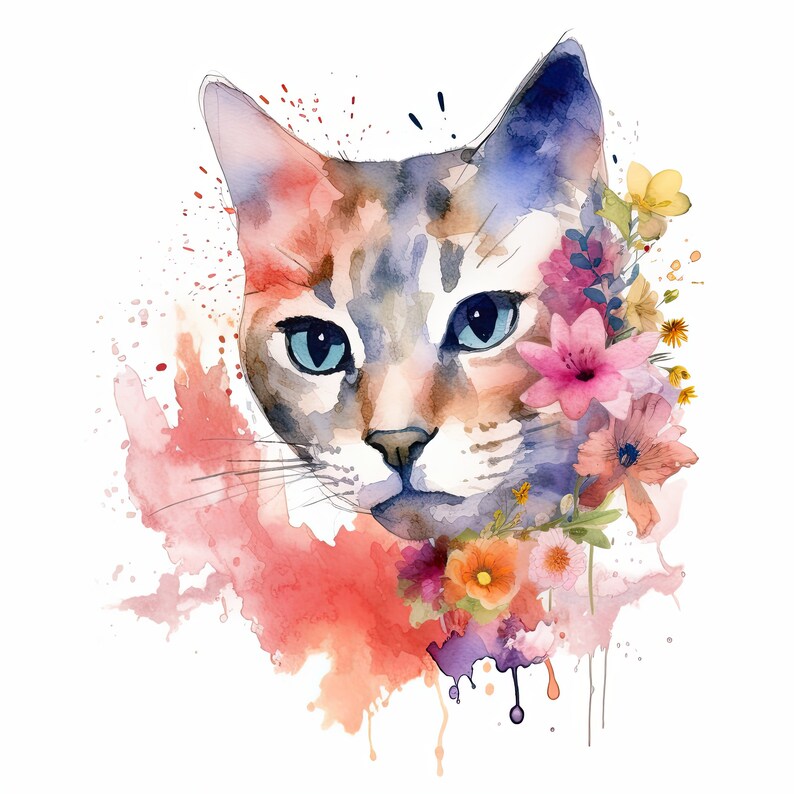 Watercolor Cats With Flowers Clipart 11 High Quality Jpg - Etsy