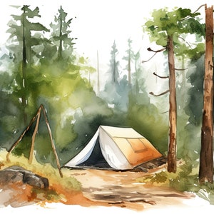 Watercolor Tent in the Forest Clipart, 10 High Quality Jpg, Camping ...