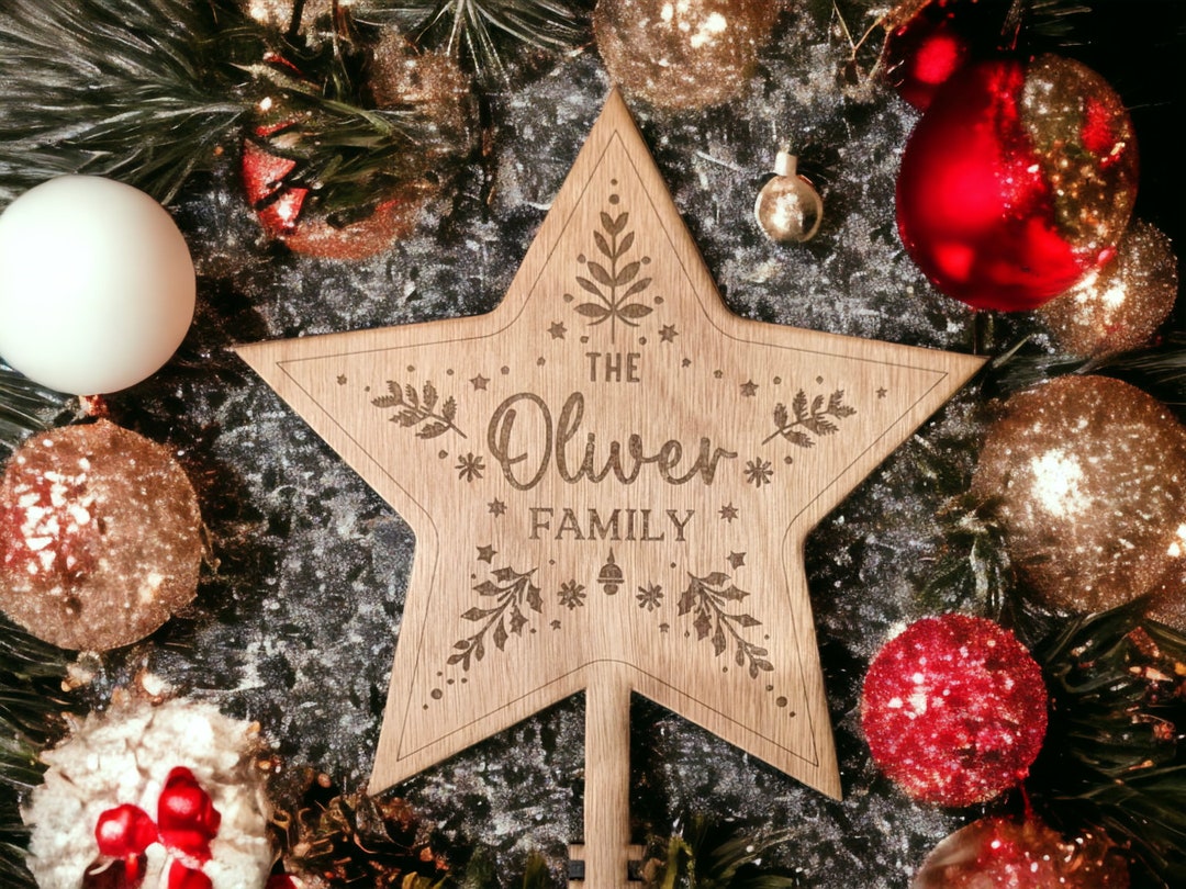 Customisable Festive Tree Topper Star - 4mm Wood Veneer, Family Name ...