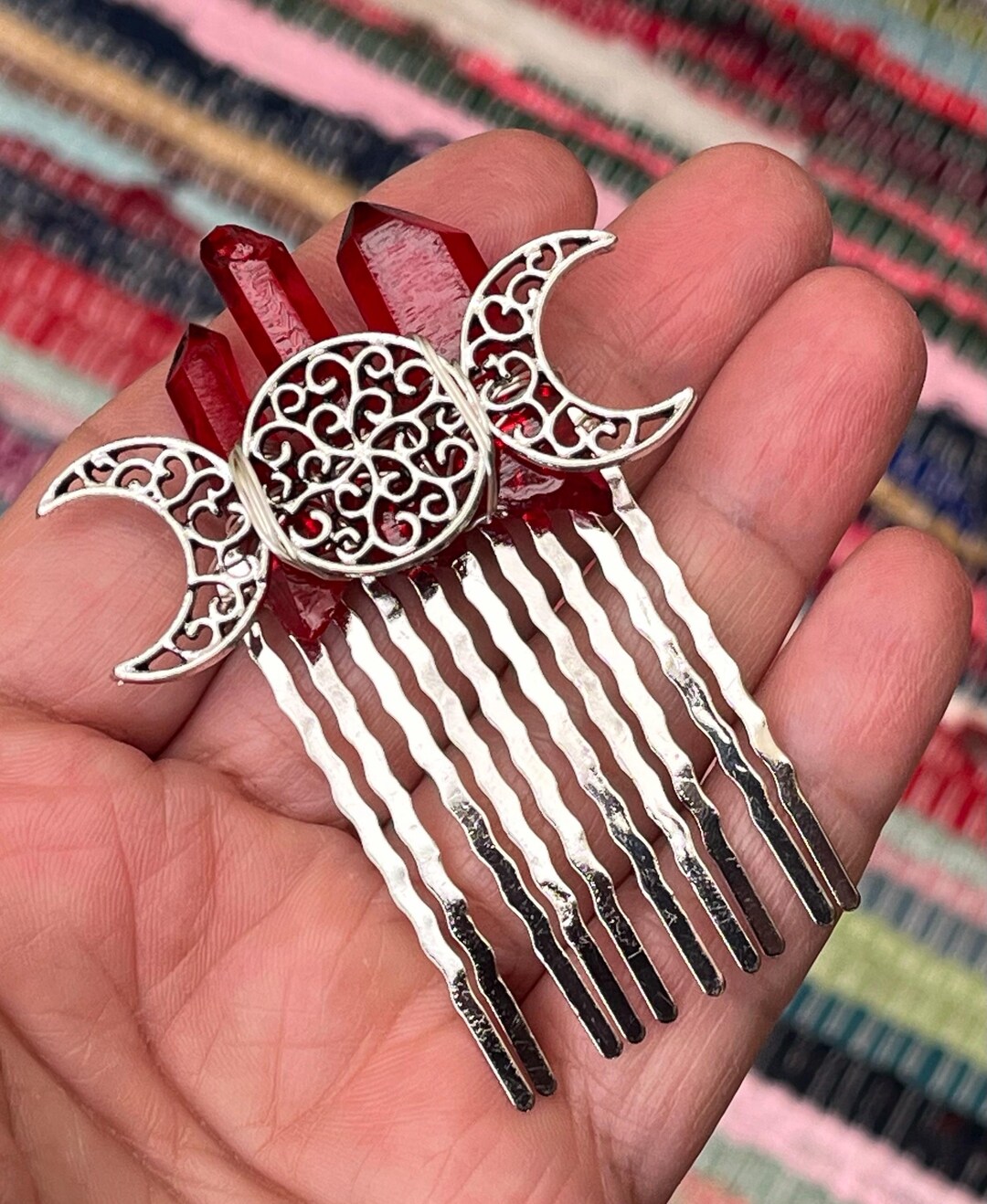 Triple Moon Natural Red Crystal Hair Comb in Silver Tone.witchy Wicca Pagan Fairy Gothic Emo ...