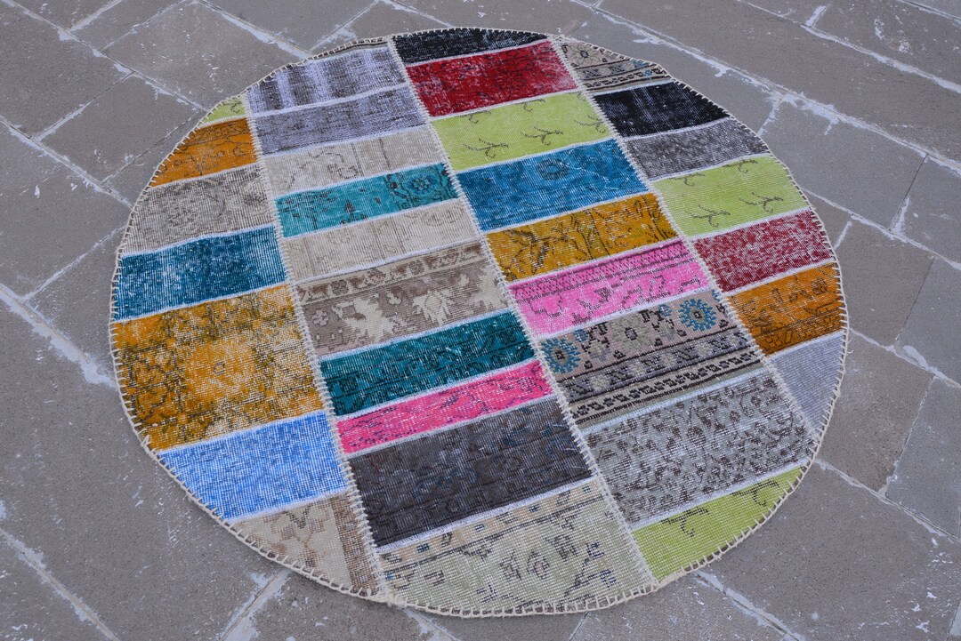 Round Rug 5x5 Colorful Patchwork Rug Hand-knotted Turkish Rug - Etsy