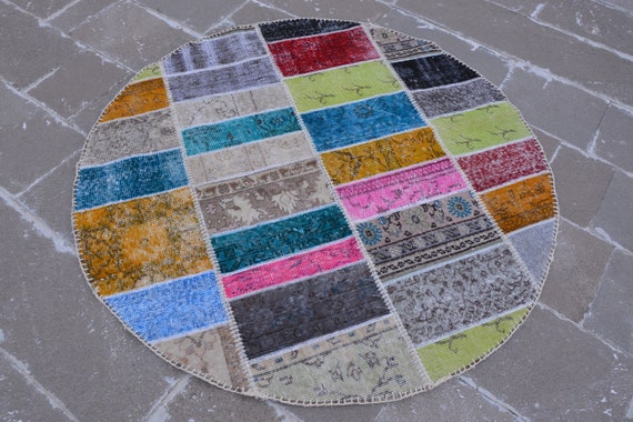Round Rug 5x5 Colorful Patchwork Rug Hand-knotted Turkish | Etsy