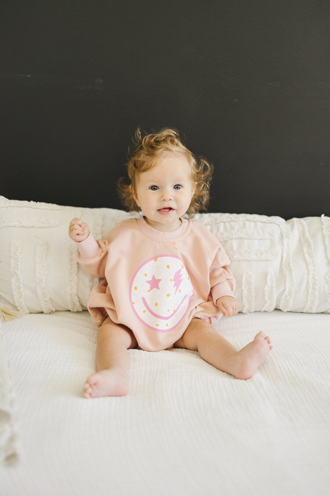 Daisy Smiley Face Graphic Oversized Sweatshirt Romper Bubble Romper ...