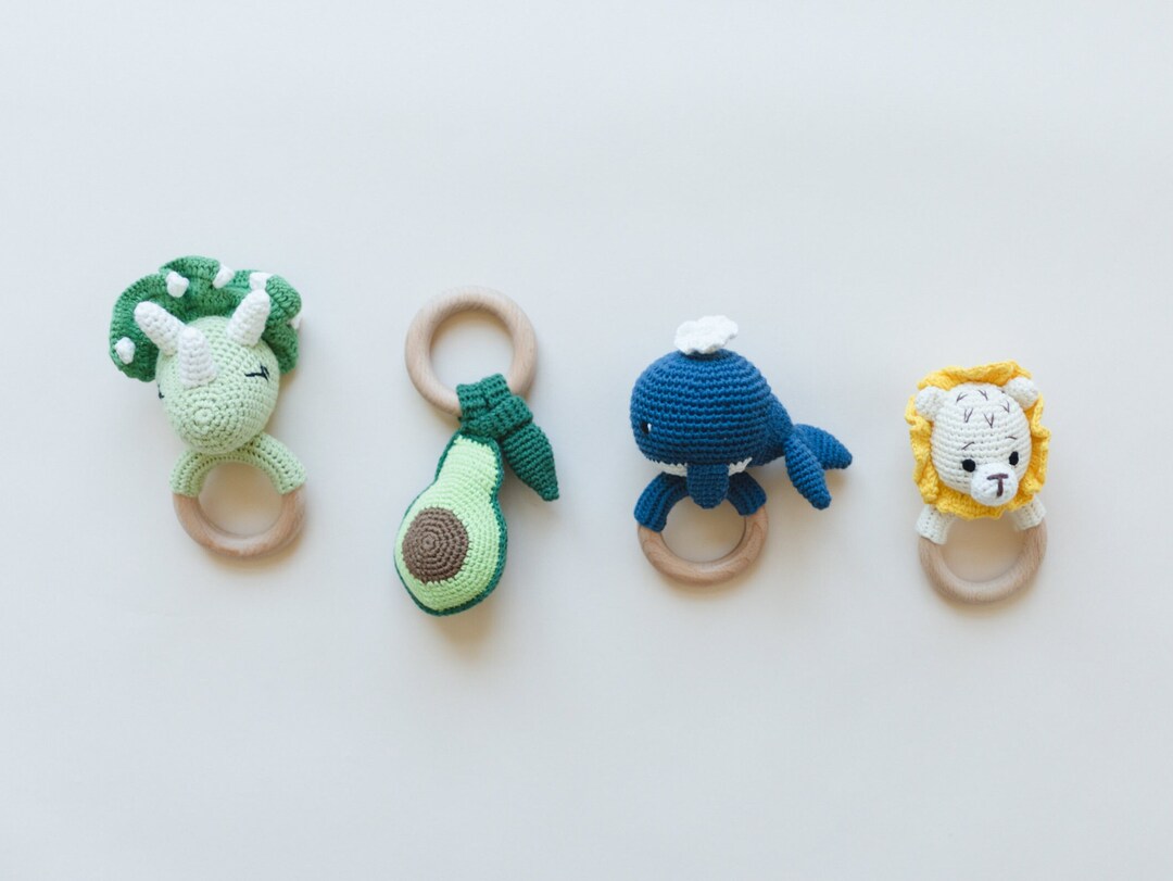 Crocheted Baby Rattle on Wooden Teething Ring Dinosaur Lion Avocado ...