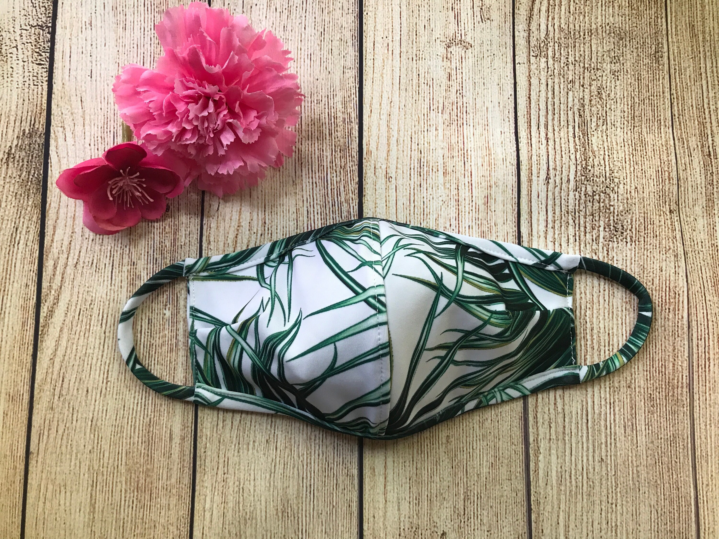 3 Layer Palm Print Fitted Face Mask Spandex Face Mask Tropical Face ...