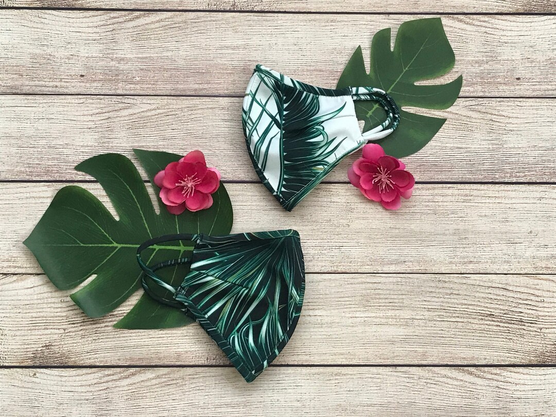 3 Layer Palm Print Fitted Face Mask Spandex Face Mask Tropical Face ...