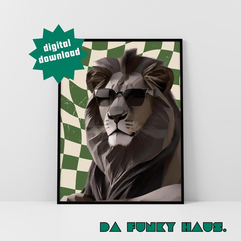 Vintage Lion Checkered Green Poster Retro Maximalist Wall Art Trendy ...