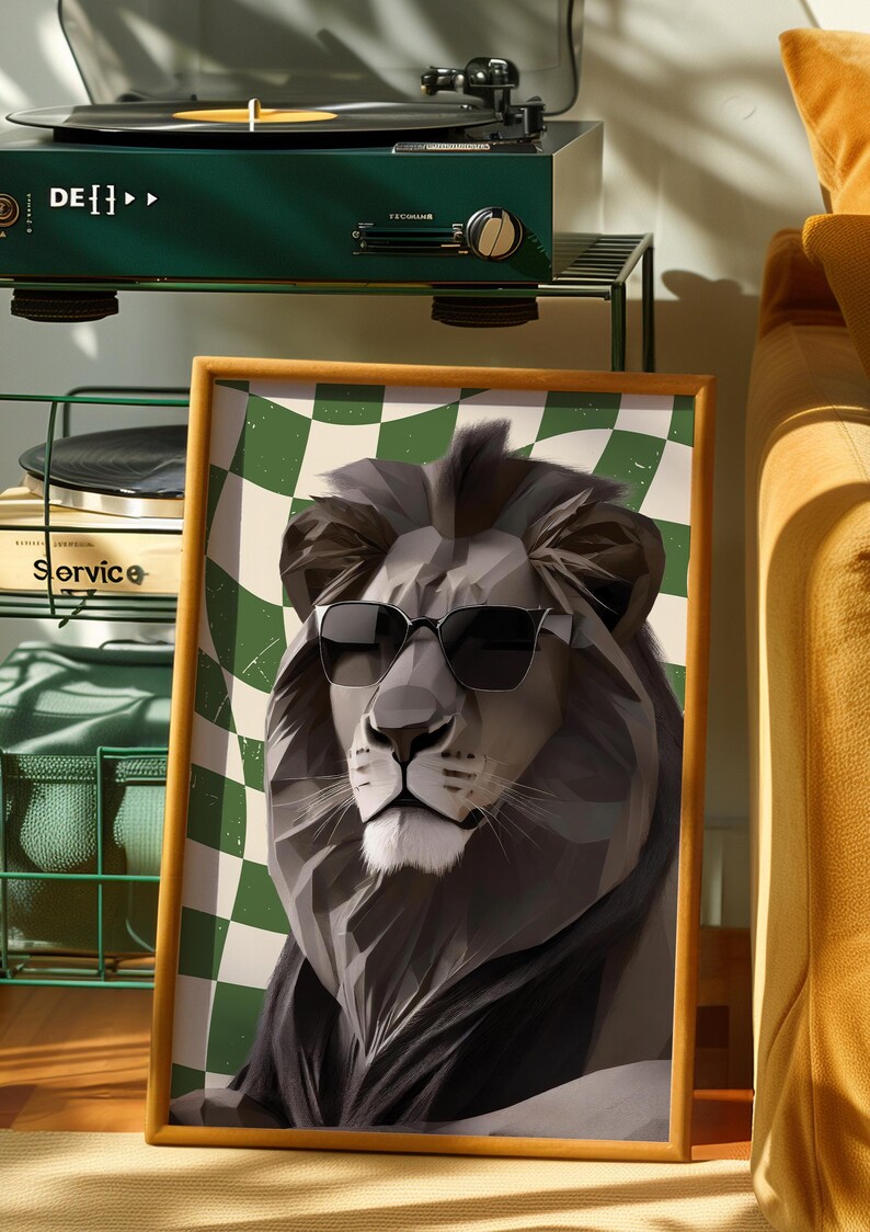 Vintage Lion Checkered Green Poster Retro Maximalist Wall Art Trendy ...