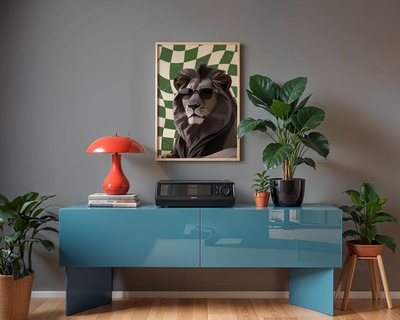 Vintage Lion Checkered Green Poster Retro Maximalist Wall Art Trendy ...