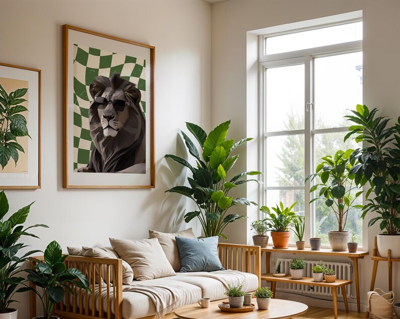 Vintage Lion Checkered Green Poster Retro Maximalist Wall Art Trendy ...