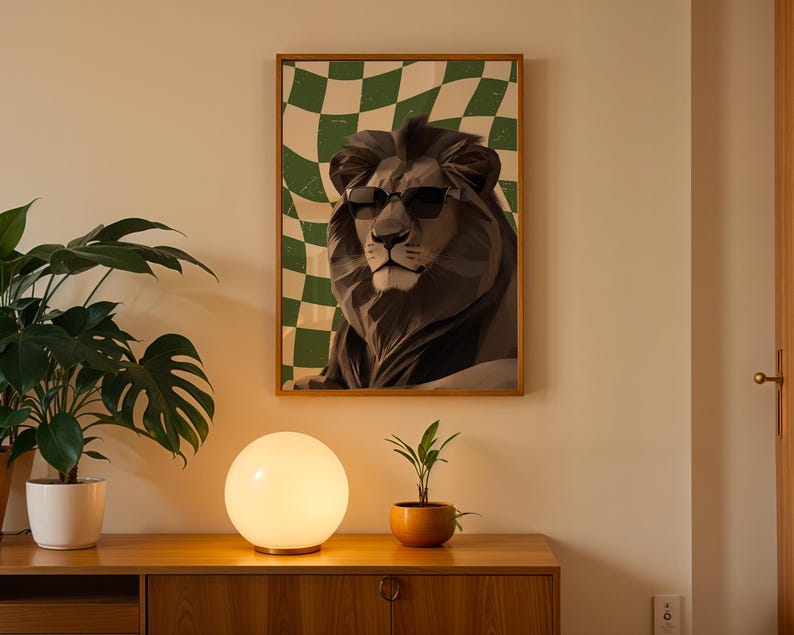 Vintage Lion Checkered Green Poster Retro Maximalist Wall Art Trendy ...