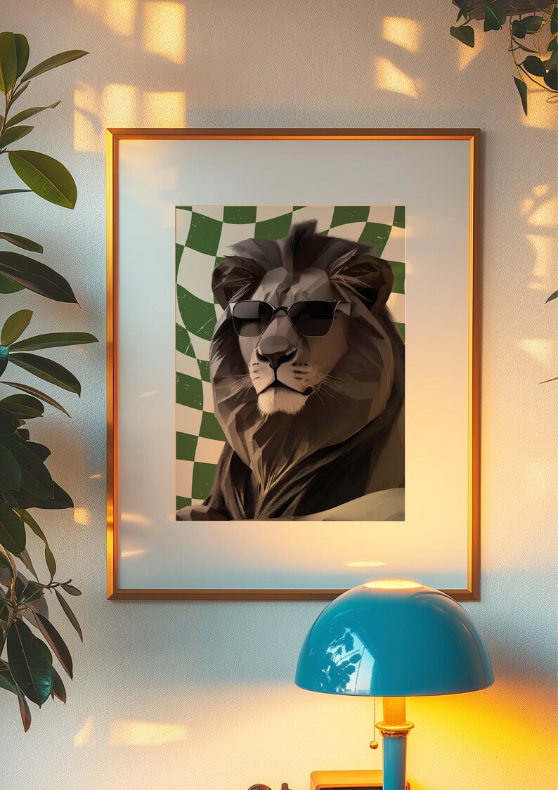 Vintage Lion Checkered Green Poster Retro Maximalist Wall Art Trendy ...