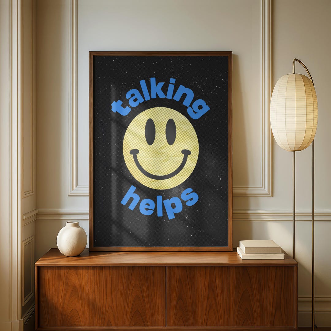 Talking Helps Quote Poster: Vintage Smiley Face Space Art (digital ...