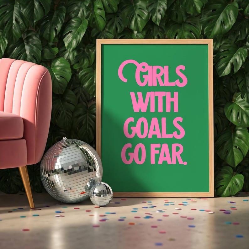 Girls With Goals Poster: Pink & Green Feminist Empowerment Art (digital ...
