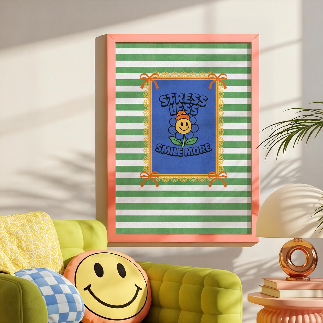 Stress Less, Smile More - Retro Poster - Bright Motivational Wall Art ...