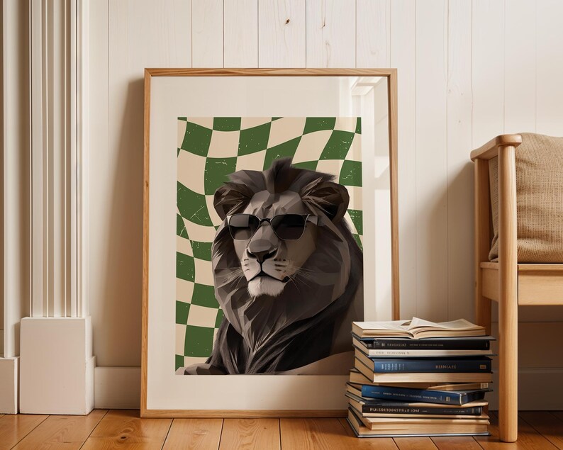 Vintage Lion Checkered Green Poster Retro Maximalist Wall Art Trendy ...